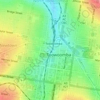 Toowoomba City topographic map, elevation, terrain