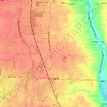 Powell topographic map, elevation, terrain