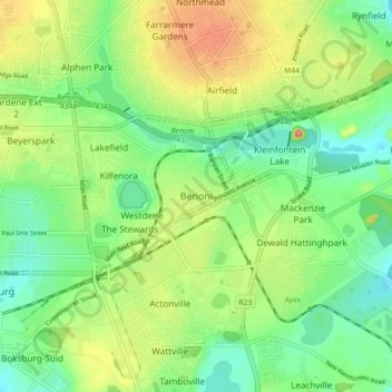 Benoni topographic map, elevation, relief